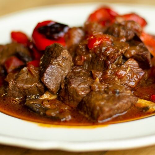 A Cozy Beef Stew with Peppers & Mushrooms - Dimitras Dishes