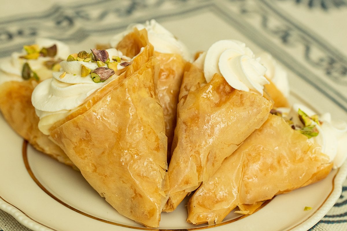 Trigona Panoramatos: Greek Style Cream Filled Phyllo Cones - Dimitras ...