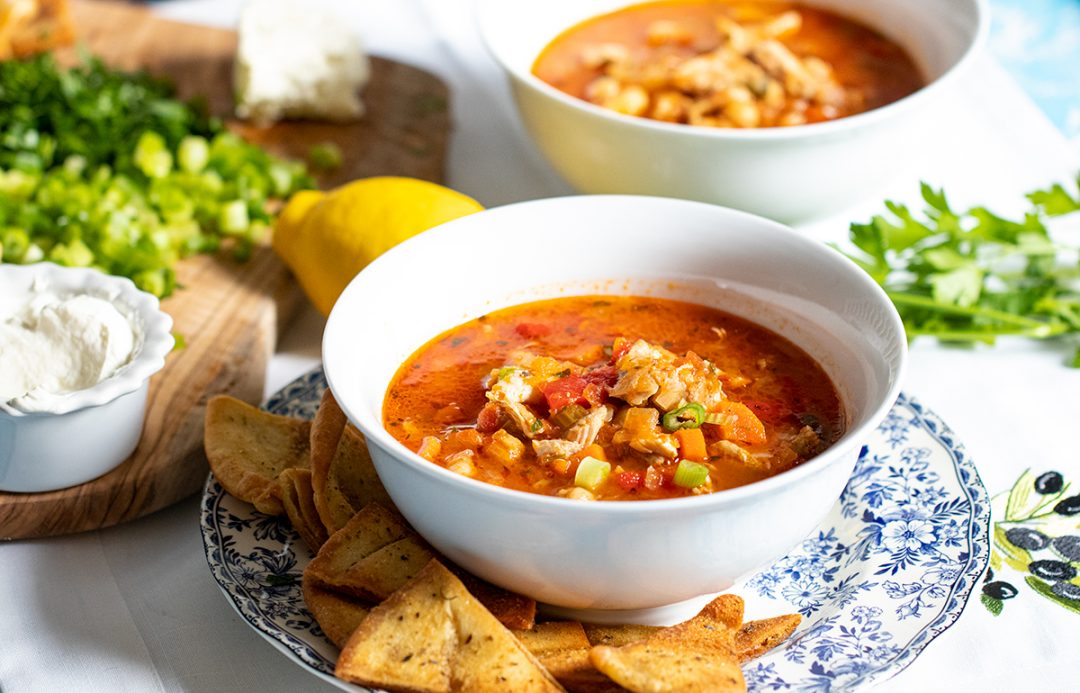 Greek-Style Chicken Tortilla Soup with Pita - Dimitras Dishes