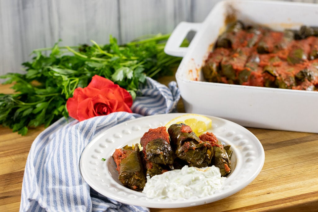 Greek Stuffed Grape leaves in Tomato Sauce: Dolmadakia me Domata ...