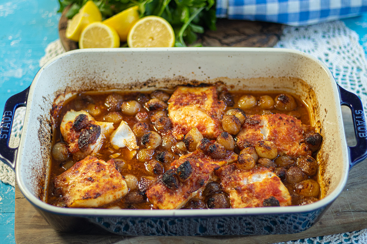 Roasted Cod with Pearl Onions Stifado - Dimitras Dishes