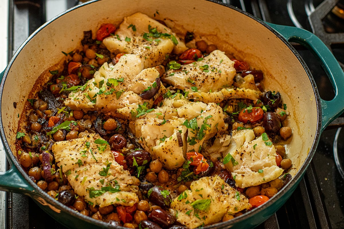 30 Minute Meal: Mediterranean Fish & Chickpea Skillet - Dimitras Dishes