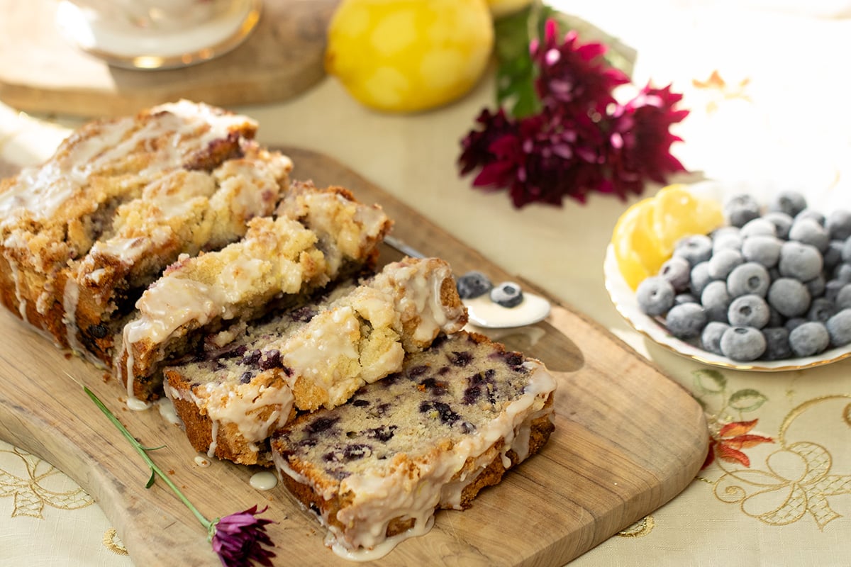 Lemony Blueberry Loaf Cake with a Crumble Topping - Dimitras Dishes
