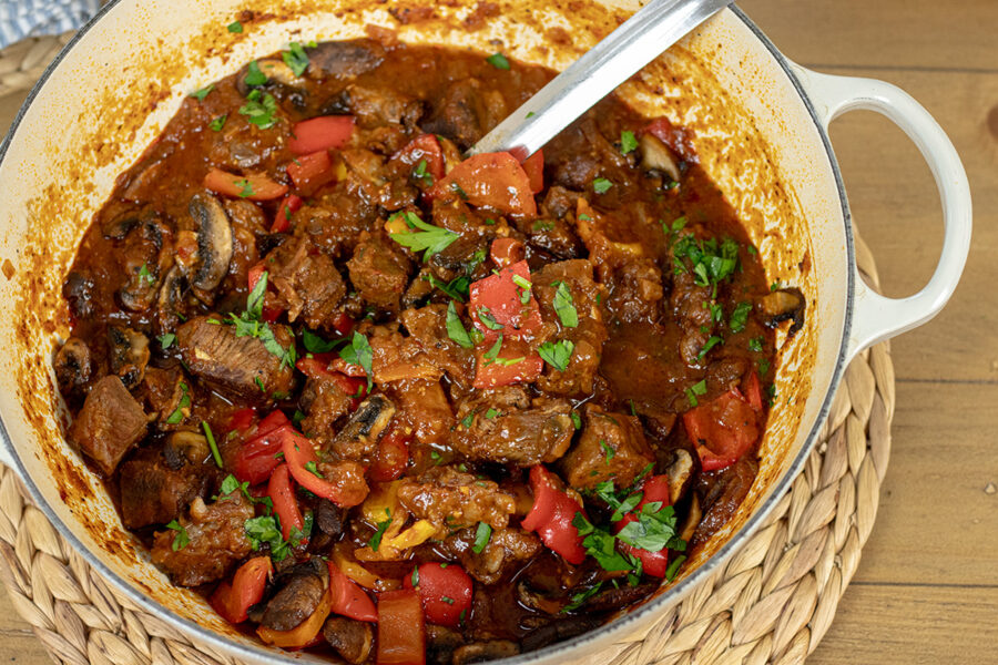 A Cozy Beef Stew with Peppers & Mushrooms - Dimitras Dishes