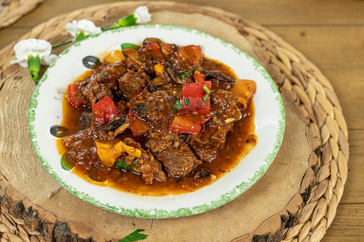 A Cozy Beef Stew with Peppers & Mushrooms - Dimitras Dishes