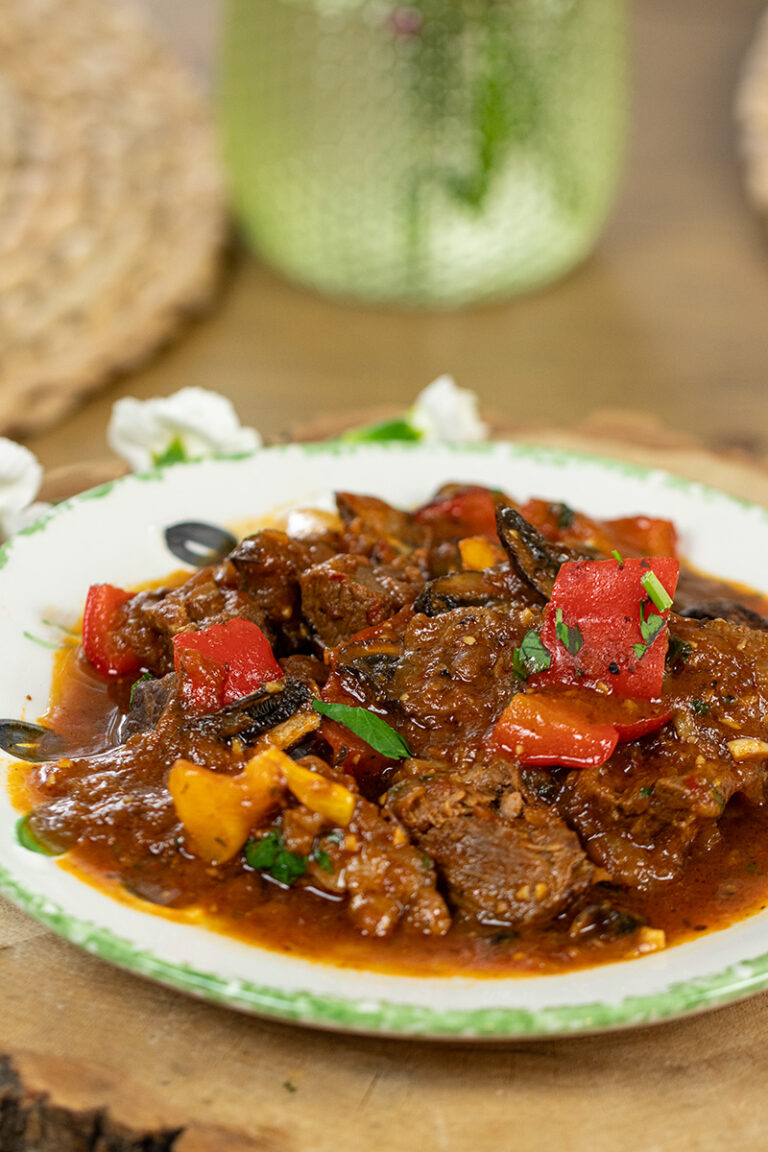 A Cozy Beef Stew with Peppers & Mushrooms - Dimitras Dishes