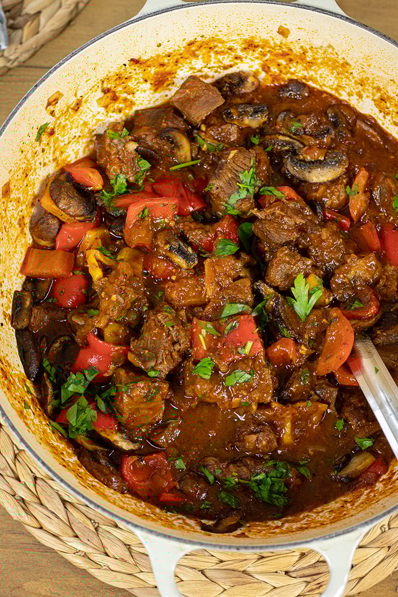 A Cozy Beef Stew with Peppers & Mushrooms - Dimitras Dishes