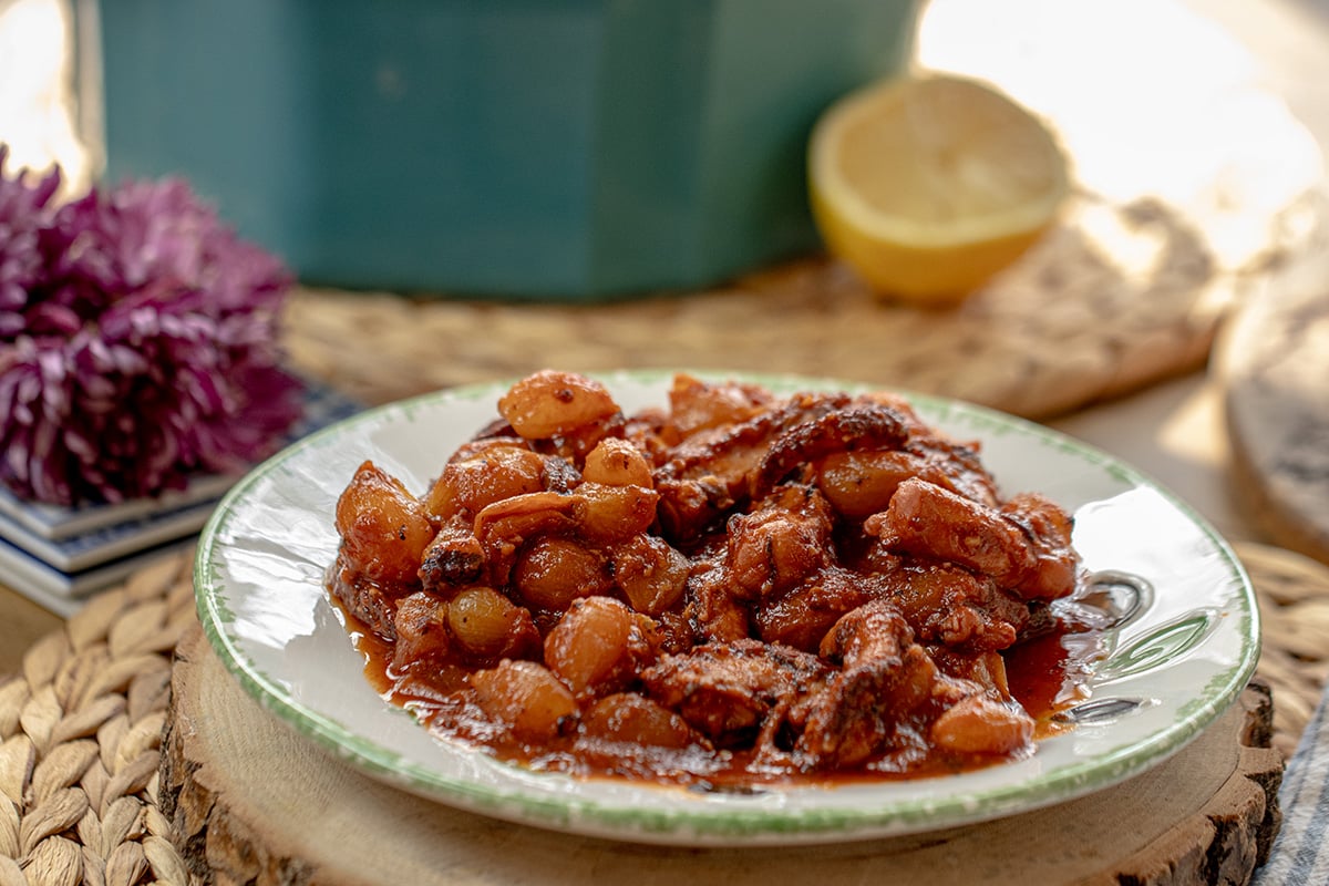 Greek Octopus Stew with Pearl Onions (Stifado) - Dimitras Dishes