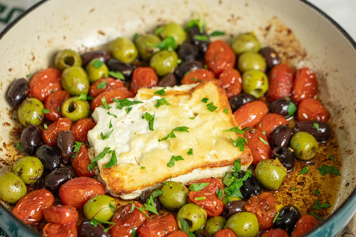 Greek Pan-Fried Feta with Burst Cherry Tomatoes and Olives - Dimitras ...
